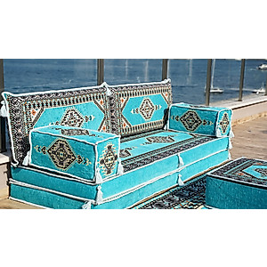 Turquoise Turkish Floor Sofas, 8" Thickness Floor Couch, Reading Sofa Pillow, Window Seat, Bench cushion, Meditation Yoga Loveseat, Healing Room Floor Cushion, Sofa Covers (Sofa Full Set)