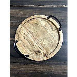 Handmade Wooden Acacia Round Serving Tray Beautiful Mother of Pearl Border Decorative Tray with Handles for Parties Large Handles for Easy Handling, Beautiful Wooden Tray for Multiple uses