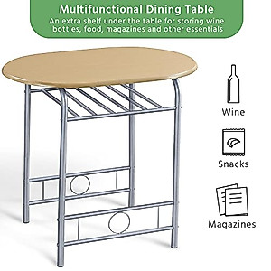 Yaheetech 3-Piece Dining Table Set, Kitchen Table & Chair Sets for 2, Compact Table Set w/Steel Legs, Built-in Wine Rack for Breakfast Nook, Small Space, Apartment, Natural