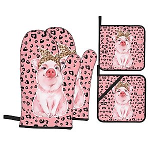 Pig Oven Mitts and Pot Holders Set of 4 Washable Heat Resistant Kitchen Gloves Waterproof Oven Gloves and Hot Pads for Cooking Grilling BBQ Baking