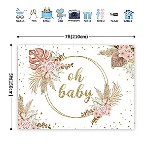 Riyidecor Girl Boho Oh Baby Baptism Baby Shower Decorations Backdrop 7Wx5H Feet Polyester Fabric Pink Bohemian Pampas Grass Blush Newborn Party Floral Gold Banner Festival Studio Photo Shoot