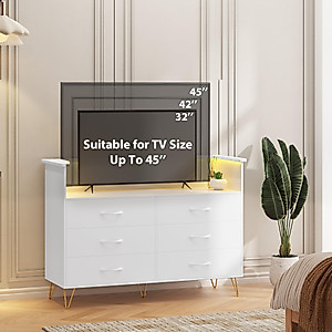 White Dresser for Bedroom with Power Outlet & LED Light, 6 Wooden Drawers Dressers with 2-Tier Open Shelves, Modern Chest of Double Wide Drawers for Living Room, Entryway, Hallway TV Stand