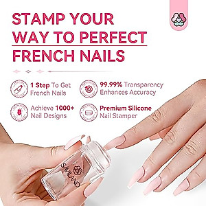Saviland French Tip Nail Stamp - 4PCS Nail Art Stamper Kit Clear Silicone Nail Stamping Long & Short Jelly Stamper for Nails with Scrapers Nail Stamper Kit for French Manicure Home DIY Nail Art Salon