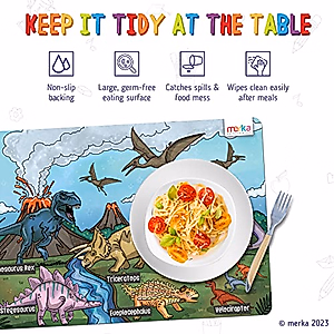 merka Fun and Educational Table Mat, Reusable Silicone Mat for Kids, Explore The World of Dinosaurs with T-Rex, Triceratops & More