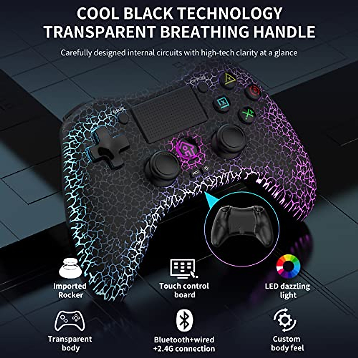 RALAN Wireless Controller with 8 Color Adjustable LED Lighting Compatible with PS4 Pro/PS4 Slim/PS3/PC/IOS/Nintendo Switch/PS4 Controller Dualshock 4, with Headphone Jack for FPS Game （Black）