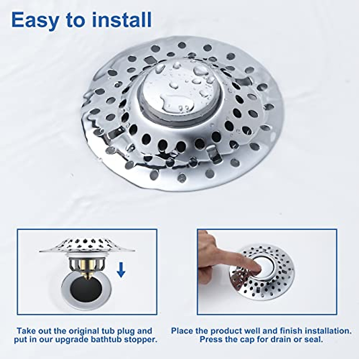 Upgraded Tub Stopper with Hair Catcher - 2 in 1 Pop Up Bathtub Stopper, Brass Tub Drain Stopper with Anti-Clogging Strainer, Tub Drain Plug with Metal Hair Trap, Only Fit for 1.65-2 Inch, Chrome