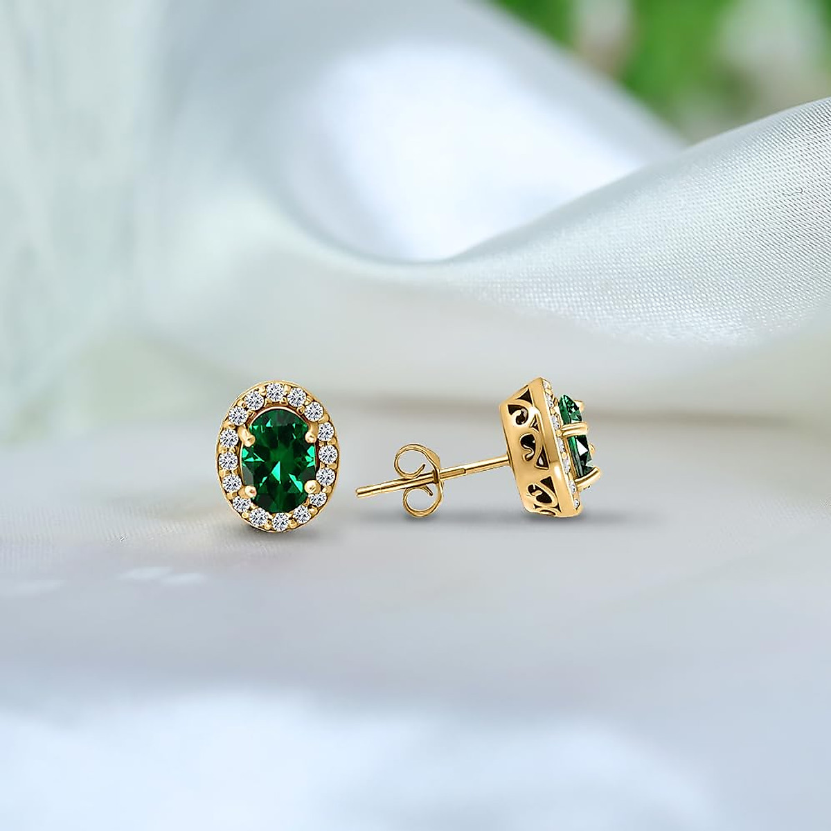 Yellow Gold Flashed Sterling Silver Simulated Emerald and Cubic Zirconia Accents Oval Halo Stud Earrings