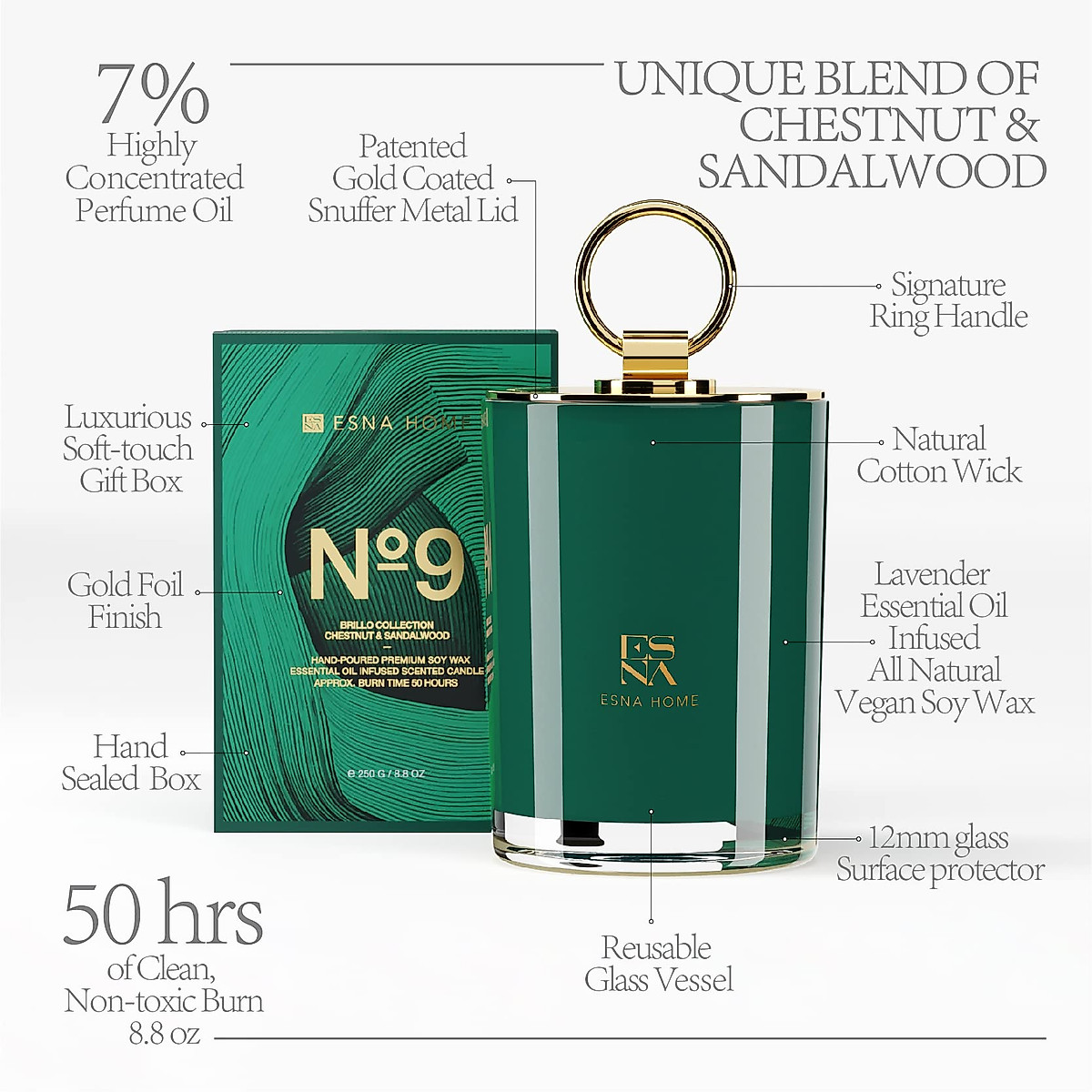 ESNA HOME Luxury Scented Candles | Aromatherapy Natural Soy 8.8oz 50 Hours Long Burning Candles | Lavender Essential Oils | Stress Relief Sandalwood Candles for Home Scented | Housewarming Gift