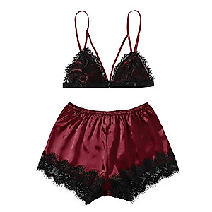 wodceeke Women's Sexy Lace Sling Split Lingerie Embroidered Bra and Satin Shorts Set Home Pajamas (Wine, M)