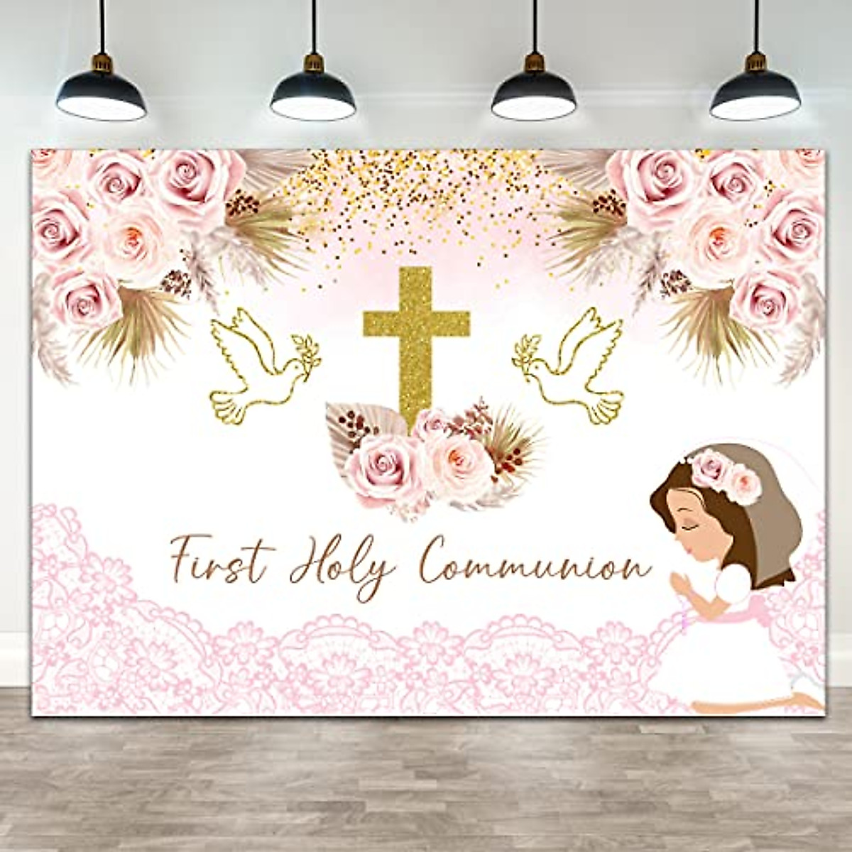 Wollmix 1st First Communion Baptism Decorations Backdrop 7x5ft God Bless Holy Communion Banner Christening Gold Dots Pink Boho Floral Doves Photography Background Baby Shower Banner Photo Booth Props