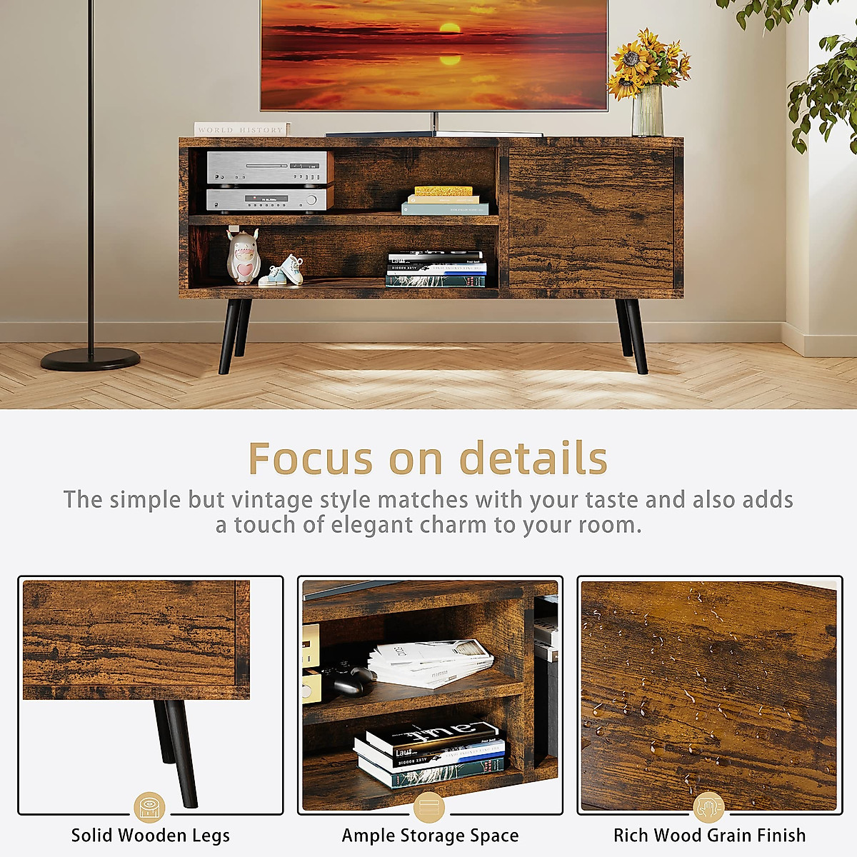 Vongrasig TV Stand for 55 Inch TV, Entertainment Center, Media Console Table with Open Shelves and Storage Drawer for Bedroom, Living Room, Wood Modern Farmhouse Television Stands, Rustic Brown