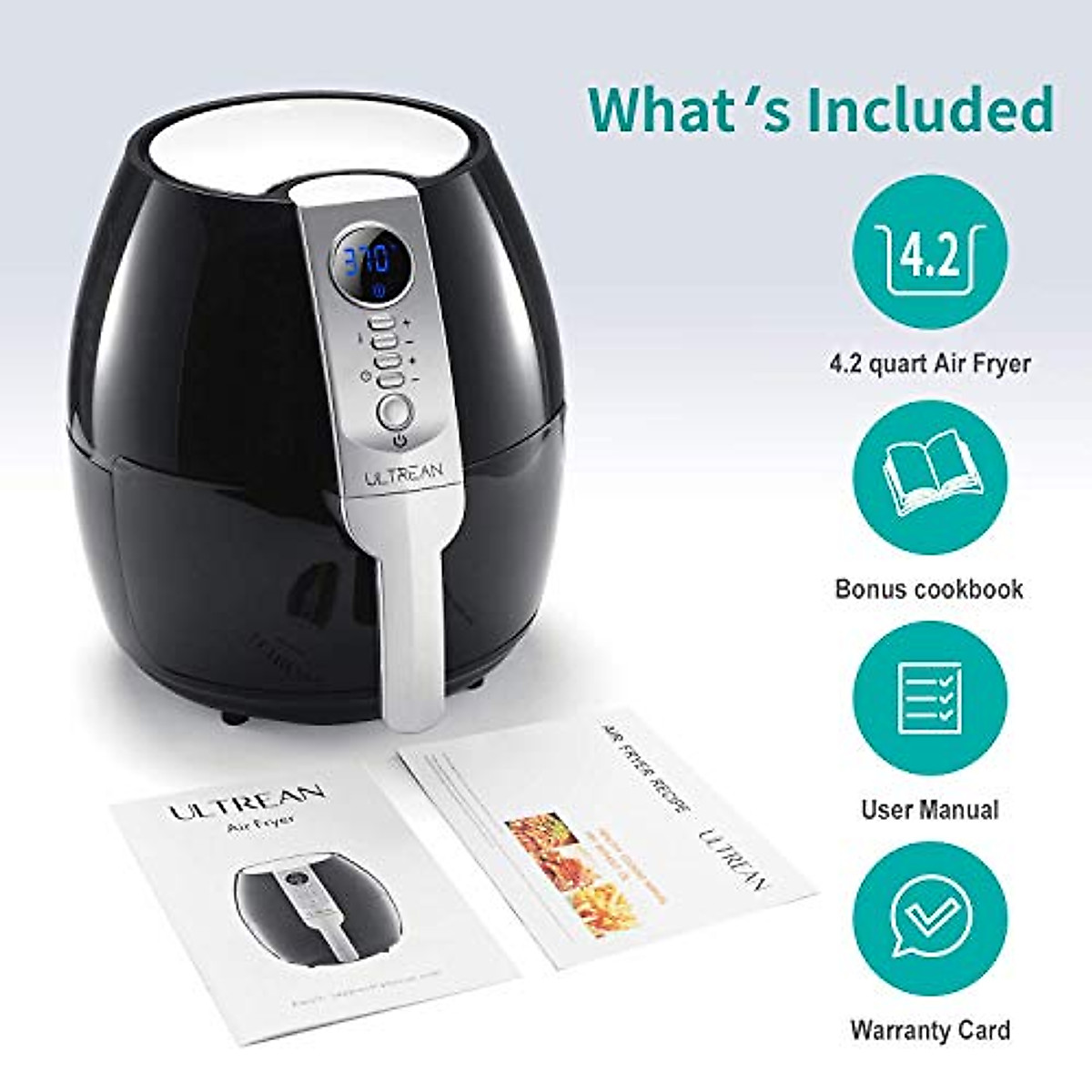 Ultrean Air Fryer, 4.2 Quart (4 Liter) Electric Hot Airfryer Oven Oilless Cooker with LCD Digital Screen and Nonstick Frying Pot, UL Certified, 1-Year Warranty, 1500W (Black)