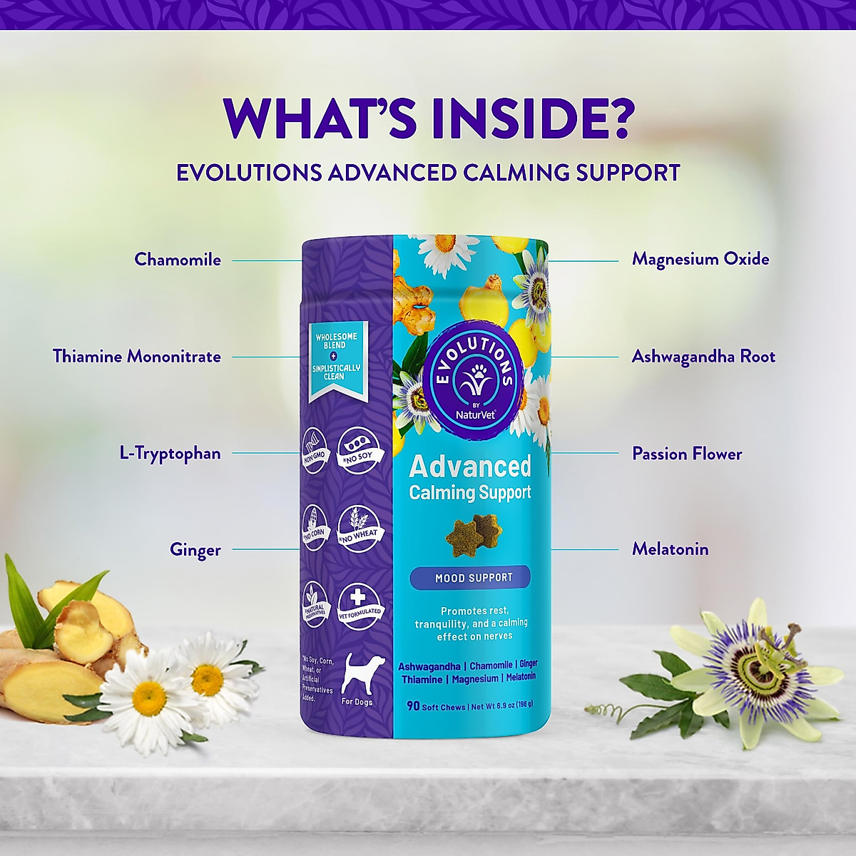 Evolutions by NaturVet Advanced Calming Support 90ct Soft Chews for Dogs - Ashwagandha, Chamomile, Ginger, Thiamine, Magnesium, Melatonin - Helps Promote Rest, Tranquility, Calming Effect on Nerves