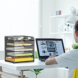 5 Tier Paper Letter Tray Organizer with Handles, VIEERINN Mesh Desk File Organizer Metal Paper Sorter Holder, Desktop Document Shelf Tray Storage Organization for Office School Home