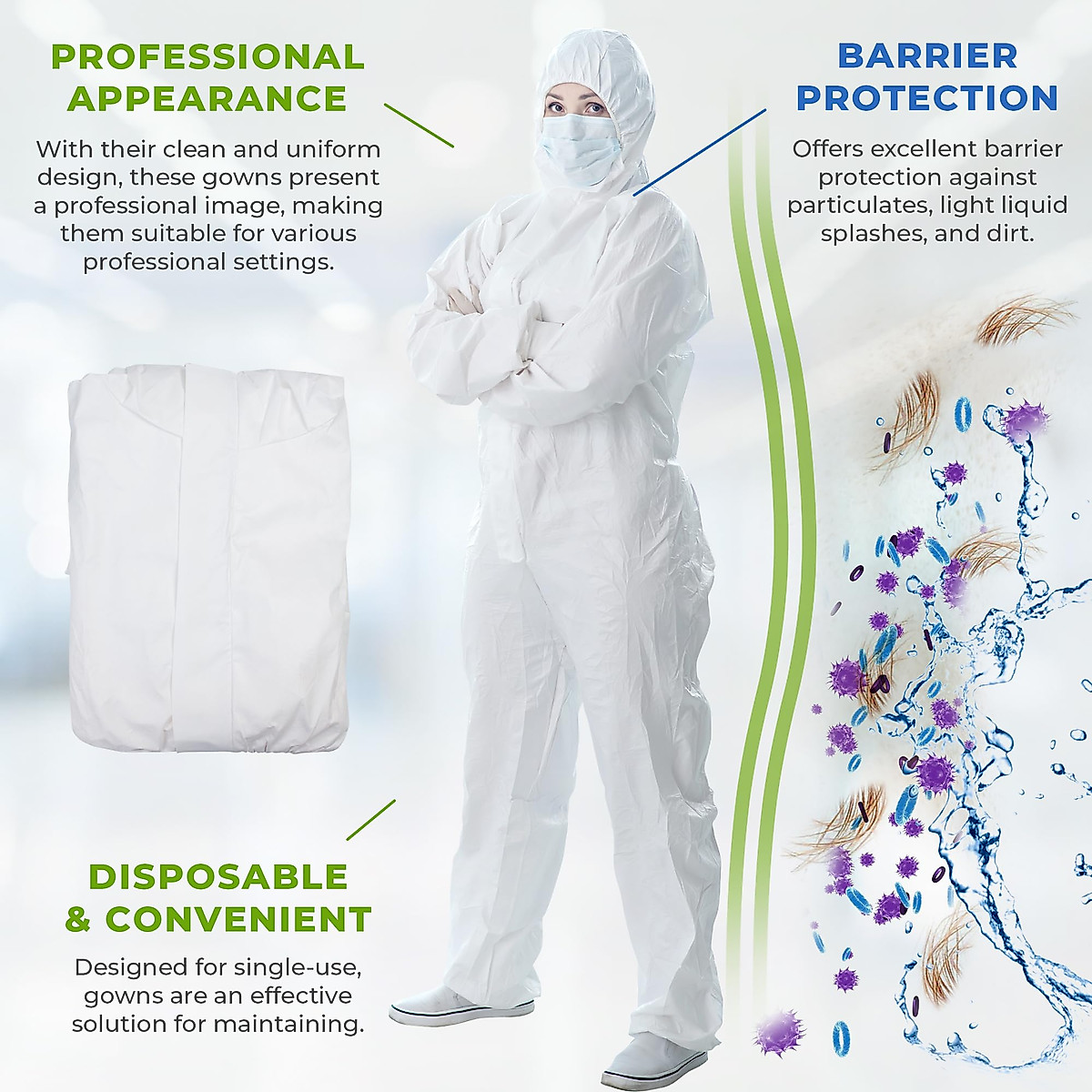 AMZ Disposable Coveralls with Hood, 3X-Large. Pack of 5 White Microporous Lab Coveralls Disposable. 60 GSM Painters Suit Disposable with Storm Flap Zipper Cover. Painters Suit Disposable. Hazmat Suit