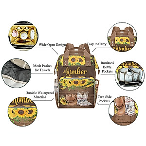 Sunflower Wood Cowboy Hat Boot Personalized Diaper Backpack with Name,Custom Travel DayPack for Nappy Mommy Nursing Baby Bag One Size