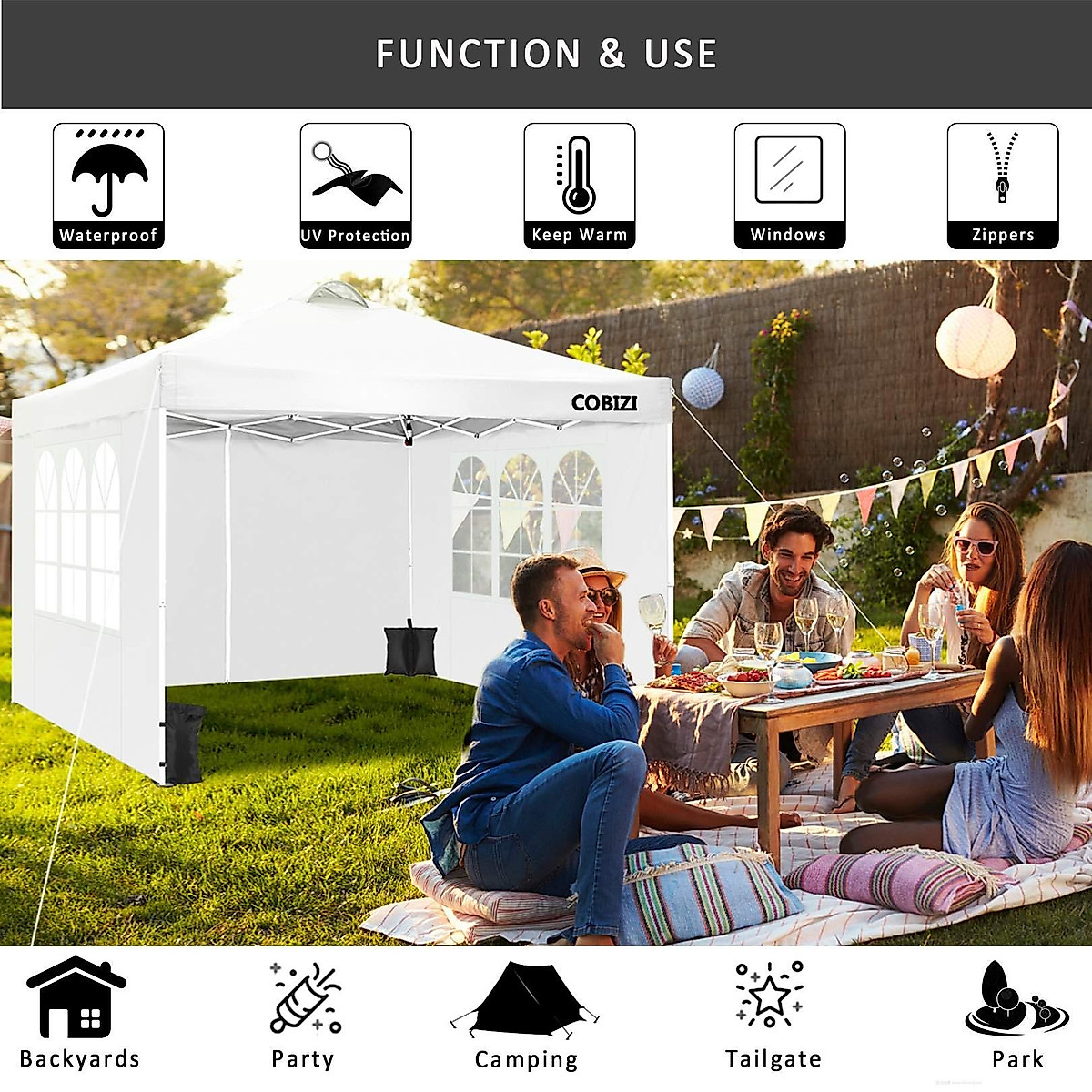 COBIZI Canopy 10'x10' Ez Up Canopy Waterproof Pop up Tent with 4 Removable Sidewalls, Commercial Instant Canopy with Air Vent, 4 Weight Bags, Carry Bag(10x10ft with 4 Sides & 4 Sandbags, White)