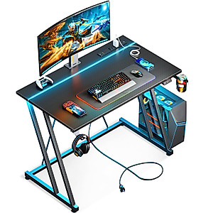 MOTPK Small Gaming Desk with LED Lights & Power Outlet, Computer Desk 31.5inch for Small Space, Cheap Gaming Table with Carbon Fiber Texture, Kids Desk Gift for Boys Men, Black