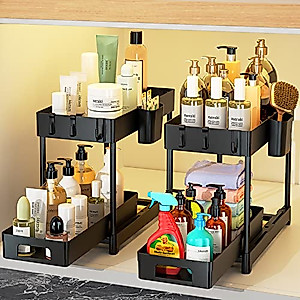 Under Sink Organizers and Storage, 2 Pack Multi-purpose Under Sink Organizer with Sliding Storage Drawer with 8 Hooks and 2 Hanging Cups, 2 Tier Under Sink Storage for Cabinet Bathroom Kitchen, Black