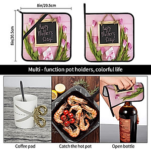 Potholders 2 Pieces Set, Happy Mother's Day Pink Tulips Gift Hot Pads with Anti-Scald Cotton Infill Material