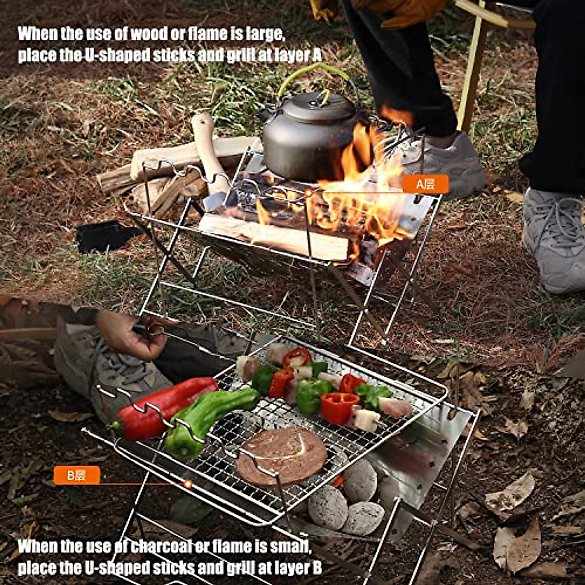 PSKOOK Camping Grills, Stainless Steel Portable Foldable Campfire Charcoal BBQ Grill, Lightweight Fire Pit for Travel, Outdoor Cooking, Bushcraft, Picnics, Garden, Balcony and Beach,Easy to Assemble