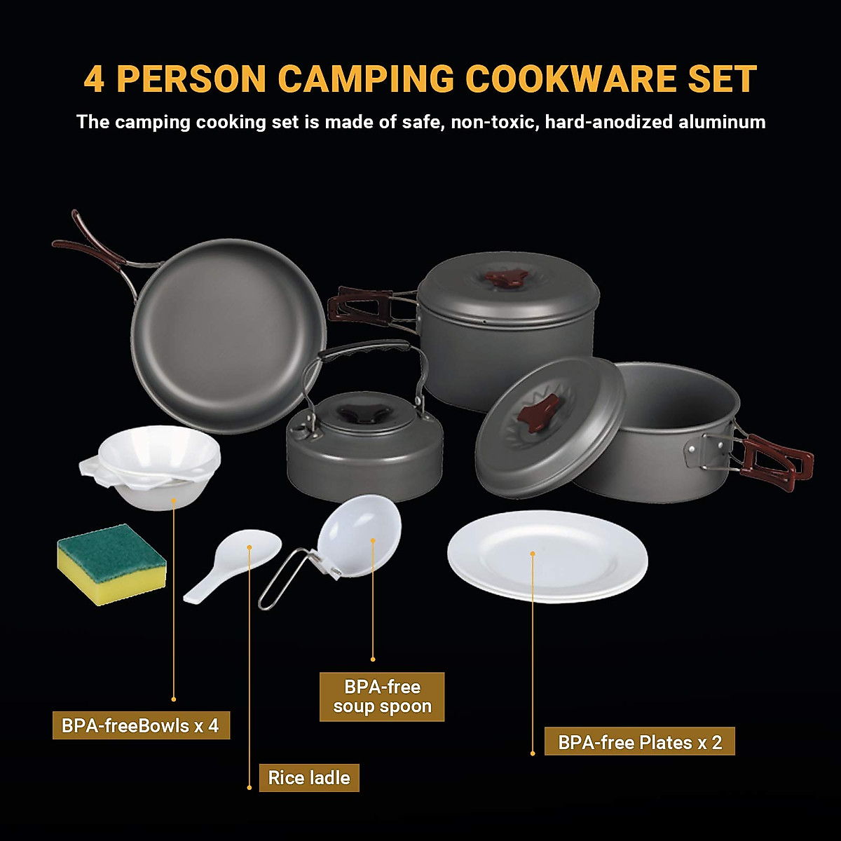 Bulin 13Pcs Camping Cookware Mess Kit, Nonstick Backpacking Cooking Set, Outdoor Cook Gear for Family Hiking, Picnic Lightweight Cookware Sets(Kettle, Pots, Frying Pan, BPA-Free Bowls, Plates, Spoon)