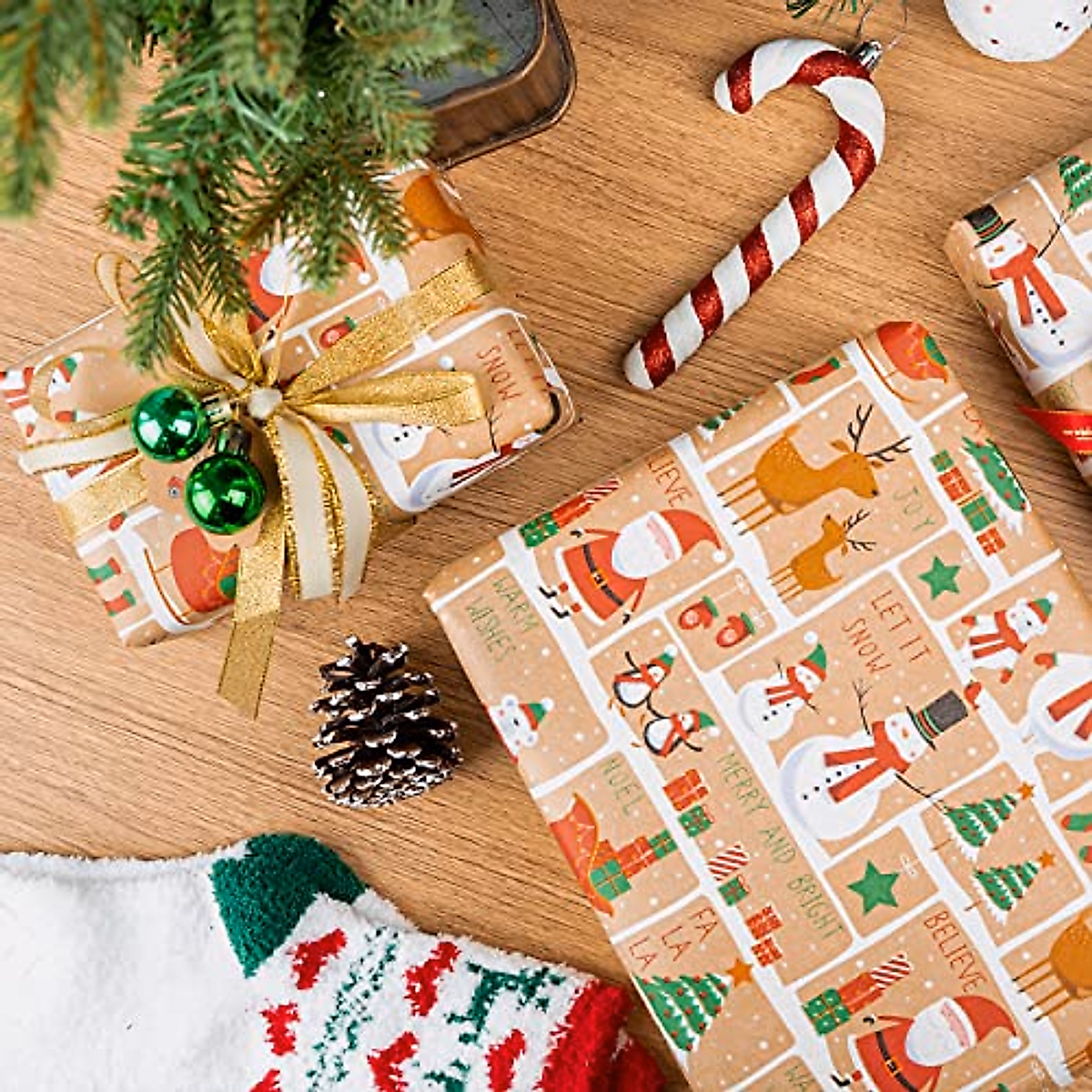 RUSPEPA Christmas Wrapping Paper, Jumbo Roll Kraft Paper - Red and Green Santa Claus, Polar Bear, Penguin, Snowman, Reindeer and Sleigh Design for Holiday Gift Wrap - 30 Inches x 100 Feet