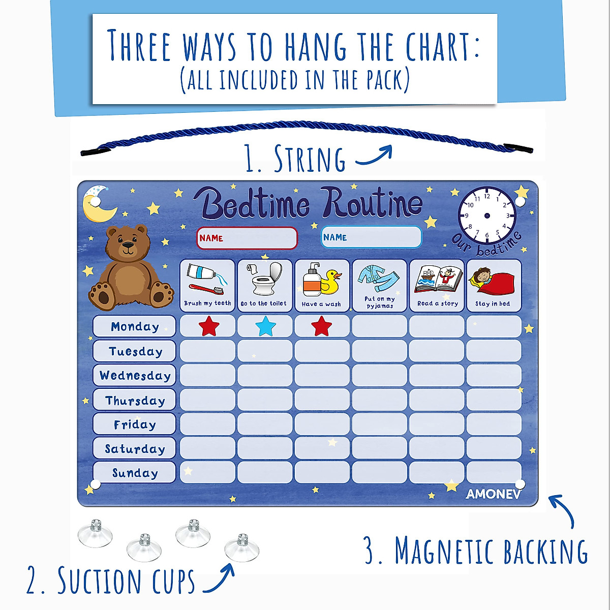 Amonev Magnetic Bedtime Routine Chart Reward Chart and Sleep Training Stay in Bed Chart for Boys Girls Toddlers and Young Children with Magnetic Stars. Reusable Wall Chart. Two Child.