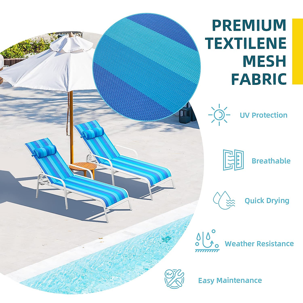 EROMMY Patio Chaise Lounges, Set of 2 Outdoor Lounge Chairs with Adjustable Backrest, All-Weather Textiline Recliner Chairs, for Patio Beach Yard Pool,Blue