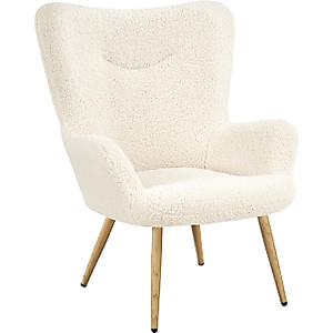 Yaheetech Accent Chair, Modern Boucle Vanity Chair with High Back and Wood-Tone Metal Legs, Sherpa Chair for Living Room, Home Office, Ivory