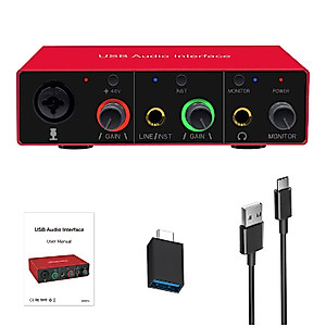 USB Audio Interface (Resolution 24Bit/DAC48 kHz/ADC96 kHz) 48V Phantom Power for Recording Podcasting and Streaming Compatible with MacOSX and Windows… (Red Audio Interface)