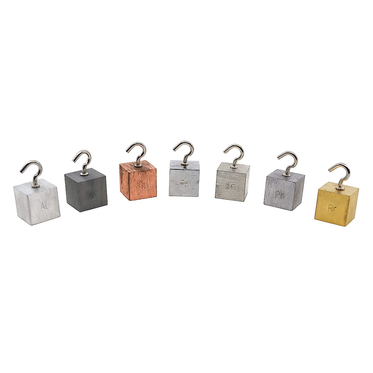 Density Cubes Set with Hooks - Includes 7 Metals - Brass, Lead, Zinc, Copper, Aluminum, Iron & Tin - 0.8" (20mm) Sides - for use with Density, Specific Gravity Activities - Eisco Labs