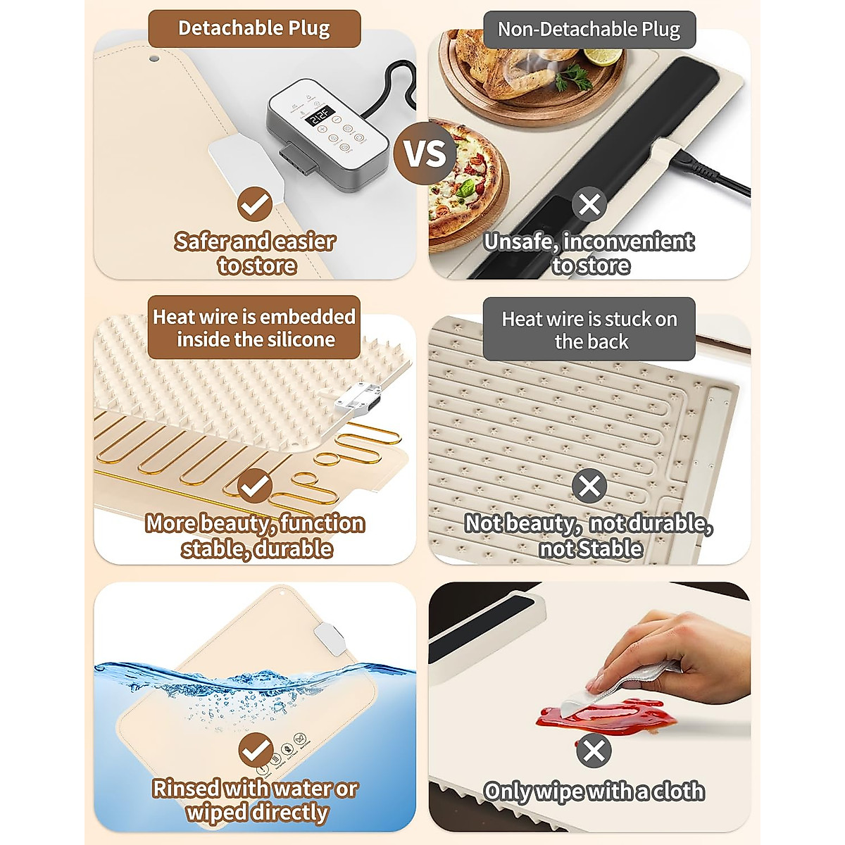 Food Warming Mat - Electric Warming Tray Full Surface Heating with Detachable Plug, Adjustable Temperature and 12 Hours Timer, Roll Up Food Warmers for Parties Buffet, Gathering, Holiday(Beige)