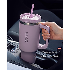 Coolflask 40 oz Tumbler with Handle and Straw Lid, Water Tumbler Insulated with 2-in-1 Leak-proof Lid, Coffee Tumbler Travel Mug Stainless Steel for Cup Holder, Keep Cold 24H Hot 12H, Purple
