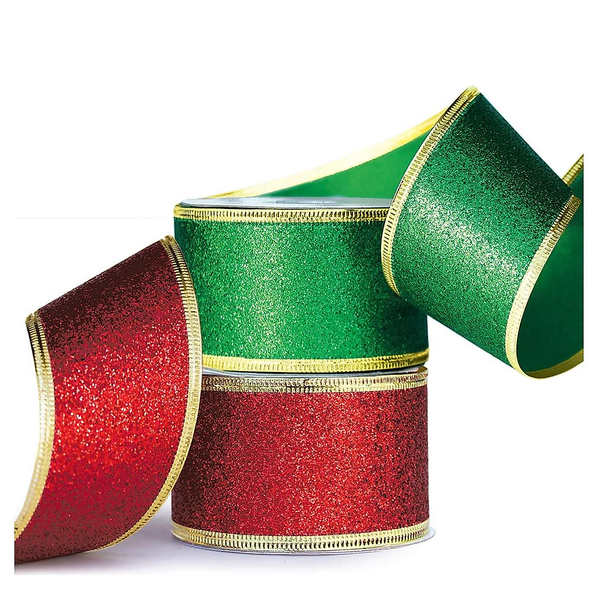 Christmas Ribbon Glitter Wired Christmas Ribbons Red Green Wire Edged 2 inch Wide x 6 Yds for Gift Wrapping Bows Christmas Tree Ribbon Garland Wrap Around Ribbon for Xmas Trees Gifts Crafts Presents