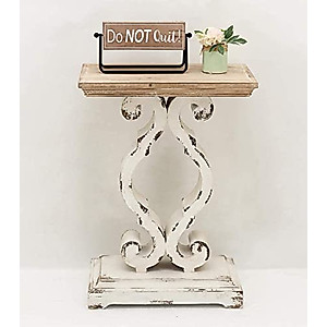 French Country Accent Wood Rectangle End Table, Farmhouse Rustic Wood Side Table with Natural Wood Top and Distressed White Carved Base, Vintage Table for Slim Spaces, 19.75 x 11.75 x 27.5 Inches