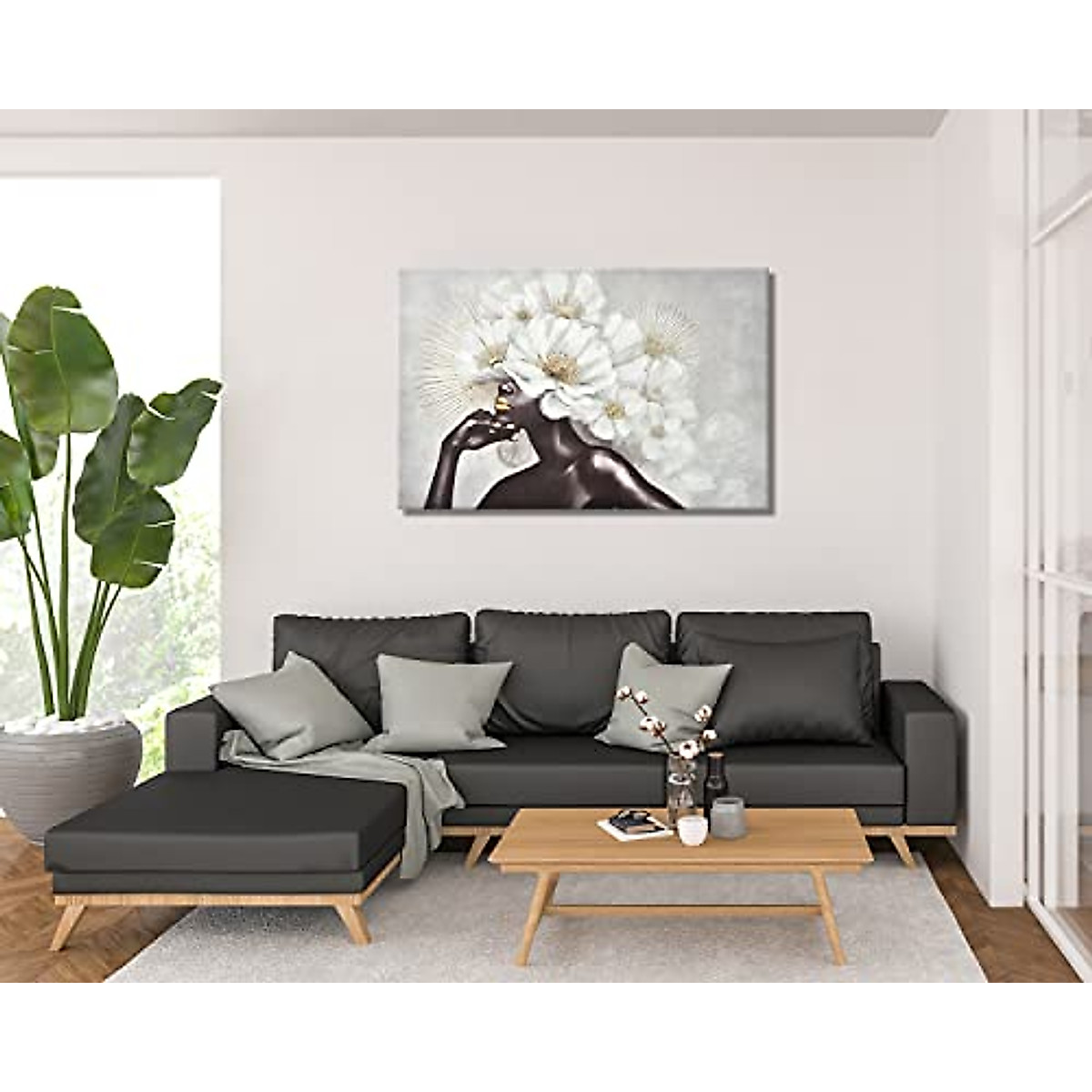 ARTINME Framed African American Black Art Women with Glod Flowers Wall Art Hand-Painted on Canvas Print Wall Picture for Home Accent Living Room Wall Deco 24"x36"