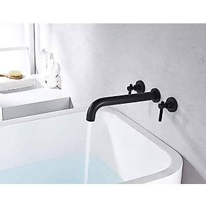 Wall Mount Tub Filler Matte Black Tub Faucet High Flow Two Handles Solid Brass, Long Spout Reach, sumerain