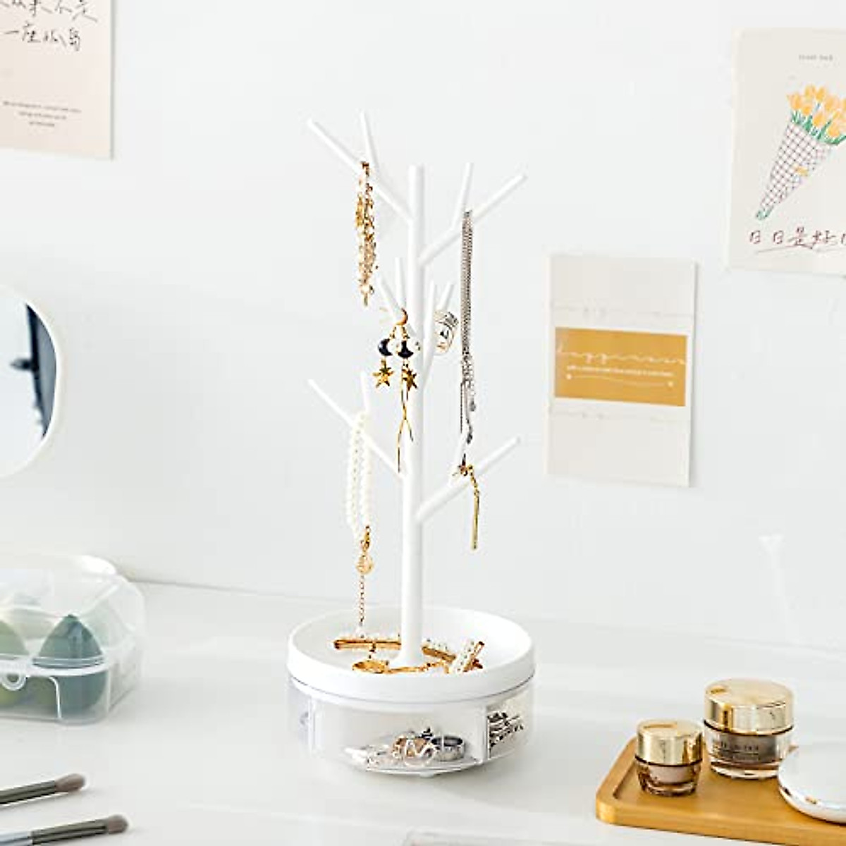 MZYOUHUO Rotating Jewelry Holder Organizer, 3 in1 Jewelry Tree Stand, 14.56 Inch High Necklace Holder Display for Necklaces Earrings Bracelets Watches Rings (White)