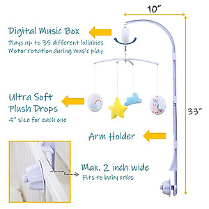Crib Mobile for Girls Boys, Baby Mobile for Crib with Digital Music Box Special 35 Lullabies for Baby Gifts Ages Newborn +, Pink Unicorn - Yellow Star - Blue Cloud - Rainbow