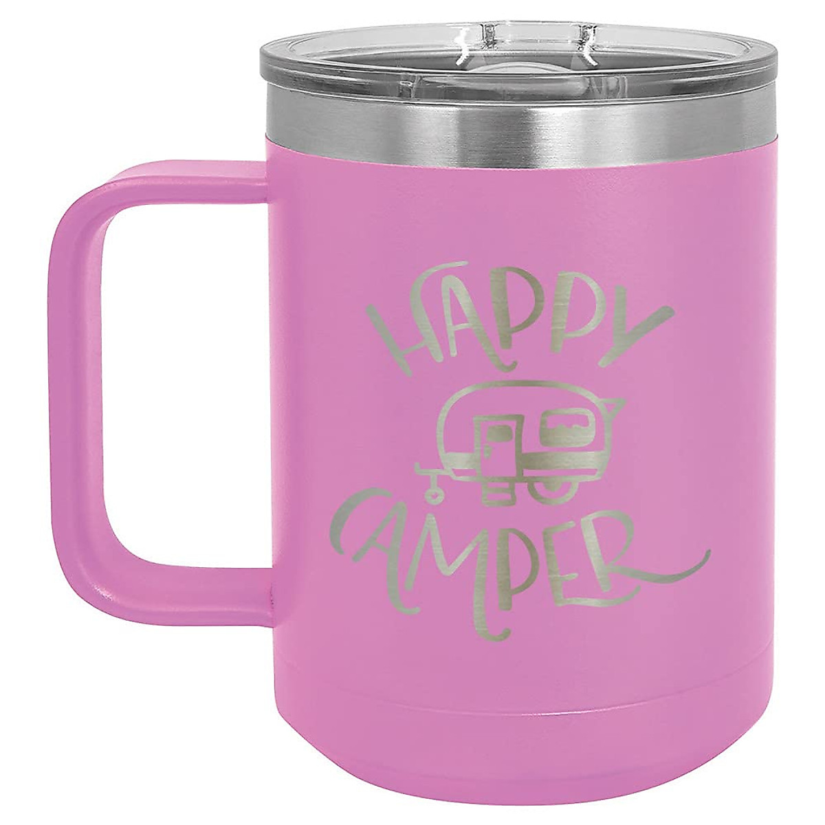 HAPPY CAMPER Light Pink 15 oz Coffee Cup w/Slide Top Lid | Insulated Travel Coffee Mug | Birthday Or Christmas Gift Ideas From Women or Men | Compare To Yeti Rambler | ONLYGIFTS.COM