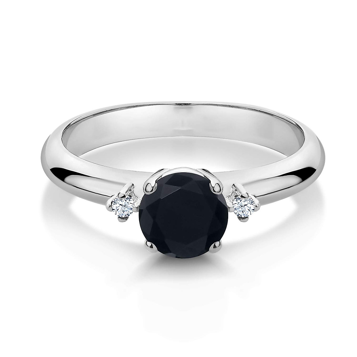 Gem Stone King 925 Sterling Silver Black Onyx and White Created Sapphire Women 3-Stone Engagement Ring (0.83 Ct Round, Gemstone Birthstone, Available in size 5, 6, 7, 8, 9)