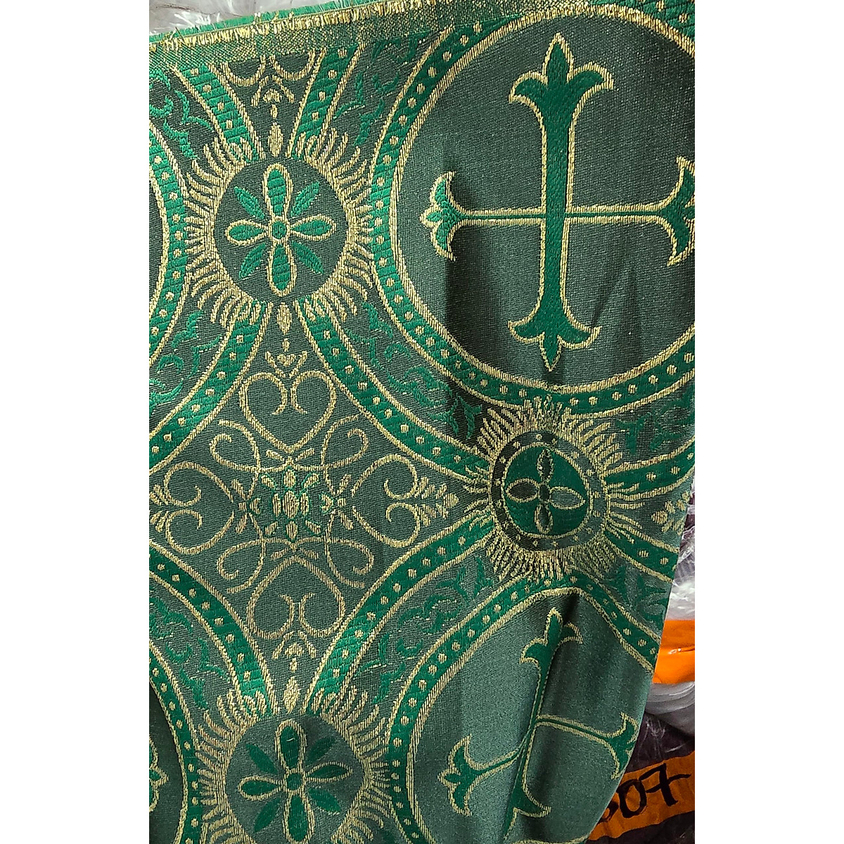 Ad Fabric, Liturgical Brocade,Church Gorgeous Cross, Green/Gold, Liturgical Metallic Brocade Fabric, Non-Stretch, Sold by The Yard Color, 60" Wide