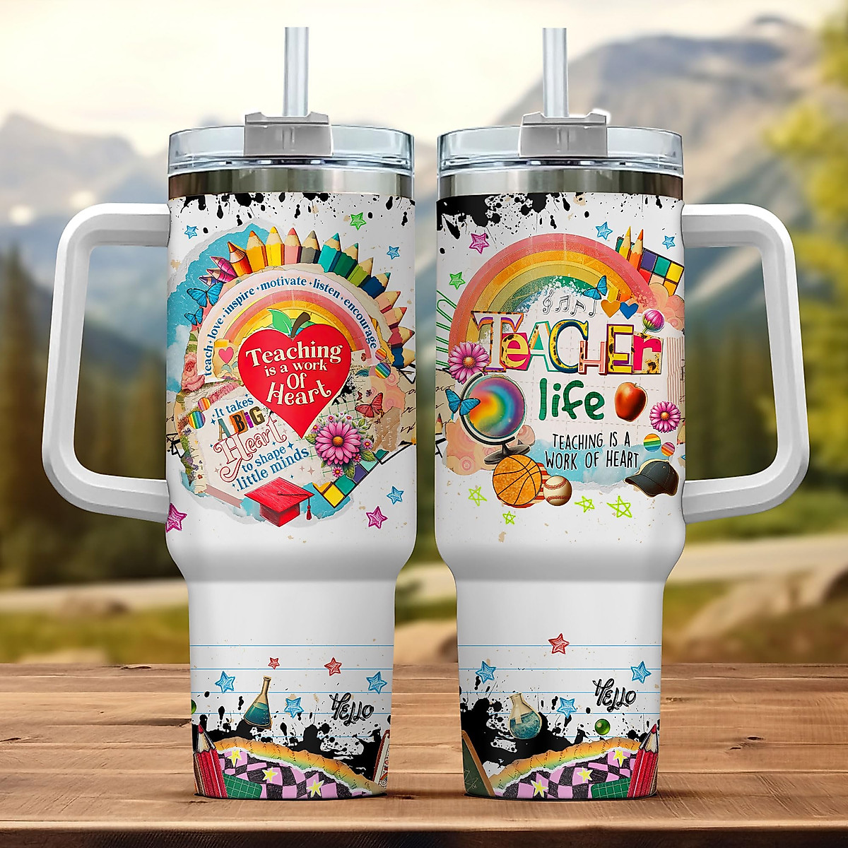 99OWL Teacher Learning Tools Colorful, Tumbler 40 Oz With Handle Lid And Straw, Teacher Gifts, Teachers Handle Book Lover Rainbow Books Tumblers Steel Appreciation Pencil Coffee Pack