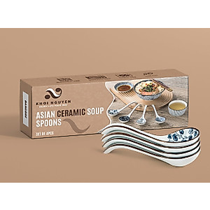 KHOI NGUYEN Soup Spoons Asian Soup Spoon ceramic Pho Spoons Chinese Soup spoons dumpling Japanese Soup Spoons Vietnamese Gifts set Asian Spoons Soup Ramen Korean Thai Wonton Kitchen Utensils Set of 4