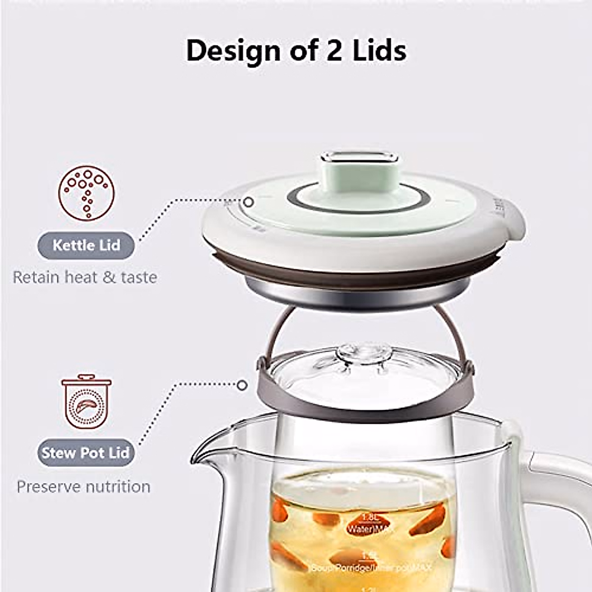 Bear YSH-C18S2 Health Pot, Electric Kettle Tea Maker with Infuser, Glass Kettle & Stew Pot, 16 Menus 1.8L 120V, Green