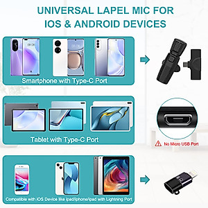 HUHD Wireless Lavalier Microphone Compatible with iPhone iPad Android Devices, Plug and Play Wireless Recording Microphone for TikTok Vlog YouTube, Noise Reduction, No App or Bluetooth Needed