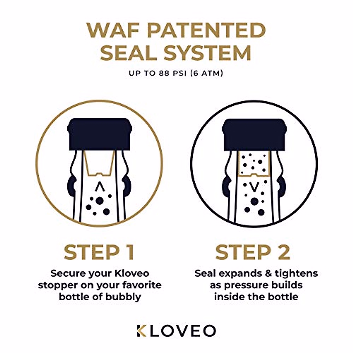 Champagne Stoppers by KLOVEO - Patented Seal (No Pressure Pump Needed) Made in Italy - Professional Grade WAF Champagne Bottle Stopper - Prosecco, Cava, and Sparkling Wine Stopper