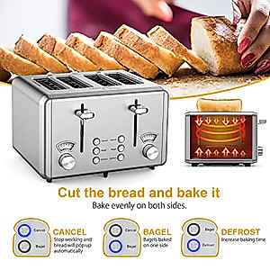 4 Slice Toaster,whall Stainless Steel,Toaster-6 Bread Shade Settings,Bagel/Defrost/Cancel Function with Dual Control Panels,Extra Wide Slots,Removable Crumb Tray,for Various Bread Types 1500W