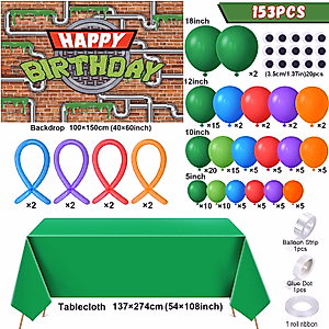 SNLN 153Pcs Turtle Birthday Party Decorations Supplies Kids Teen, Green Turtle Balloon Arch with Backdrop Tablecloth Googly Eye Long Balloons, Girls Boys Video Game Cartoon Turtle Birthday Decorations